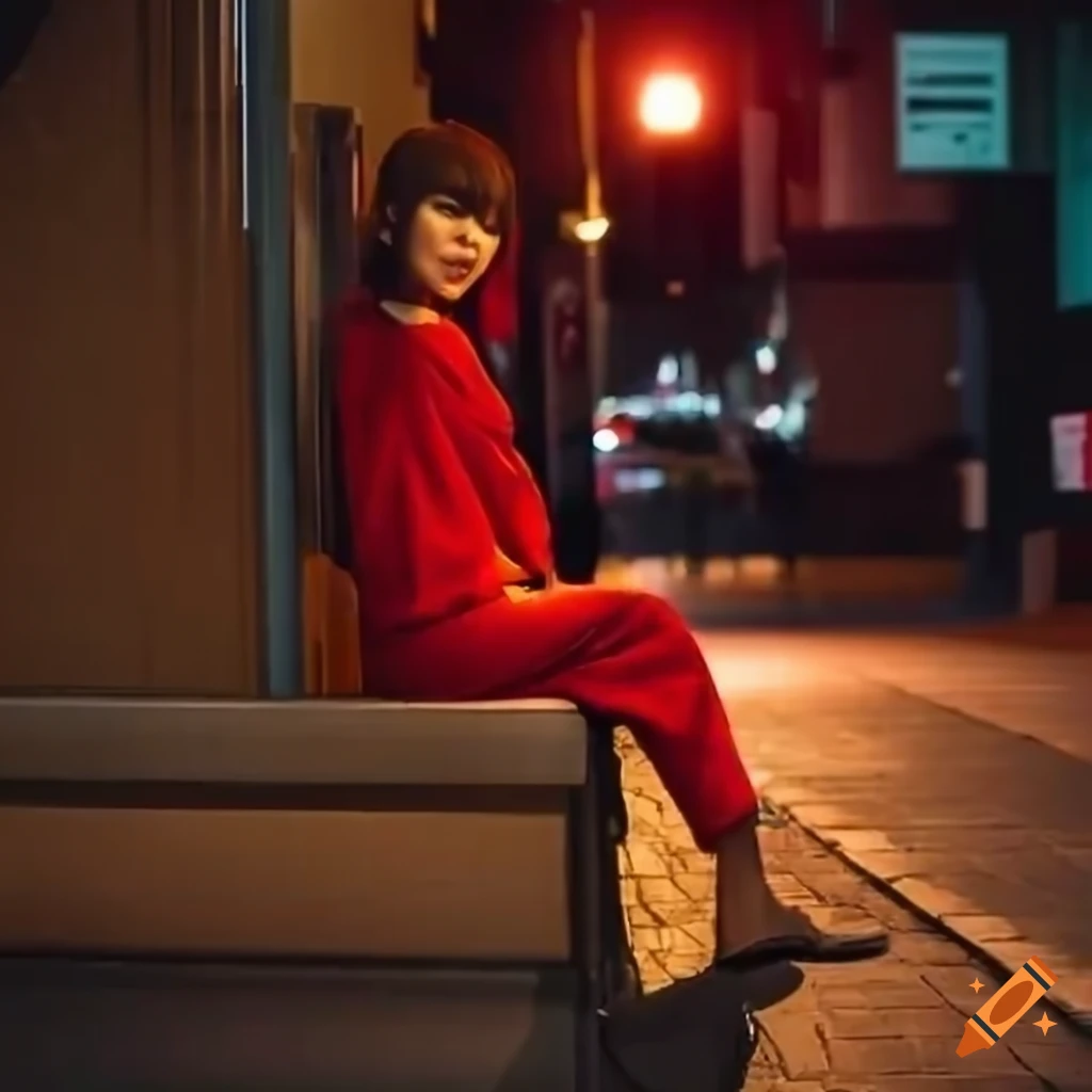 Woman In Red Pajamas Sitting On A Dimly Lit Japanese Street Corner On