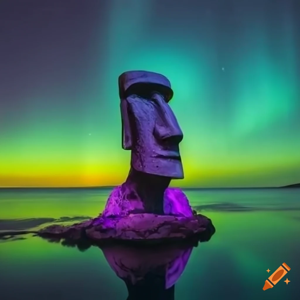 Aurora lights in yellow, blue, and purple sky with moai head emoji ...