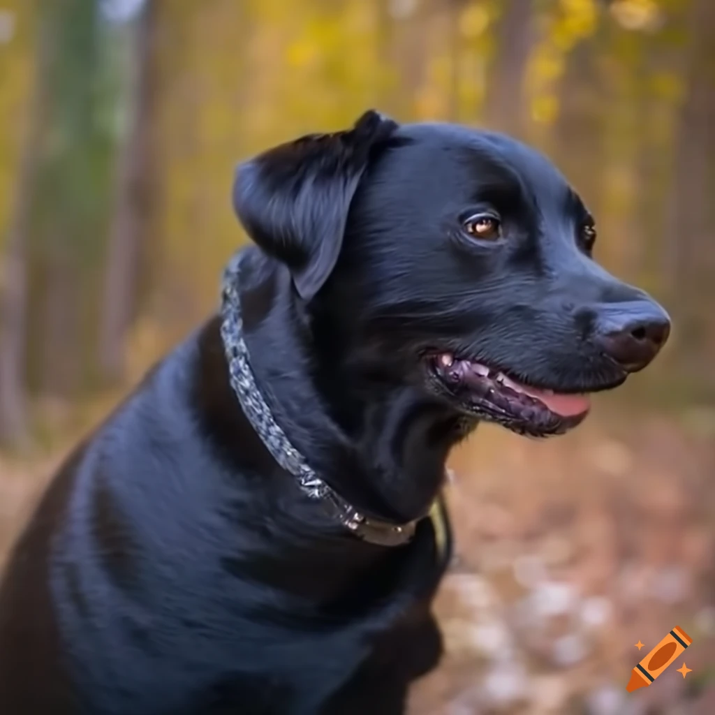 Black Labrador Retriever in a forest near a mountain lake on Craiyon