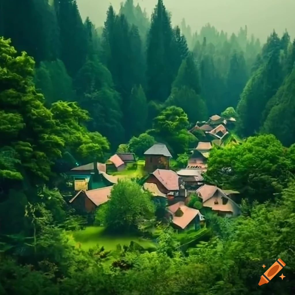 Small village surrounded by dense forest on Craiyon