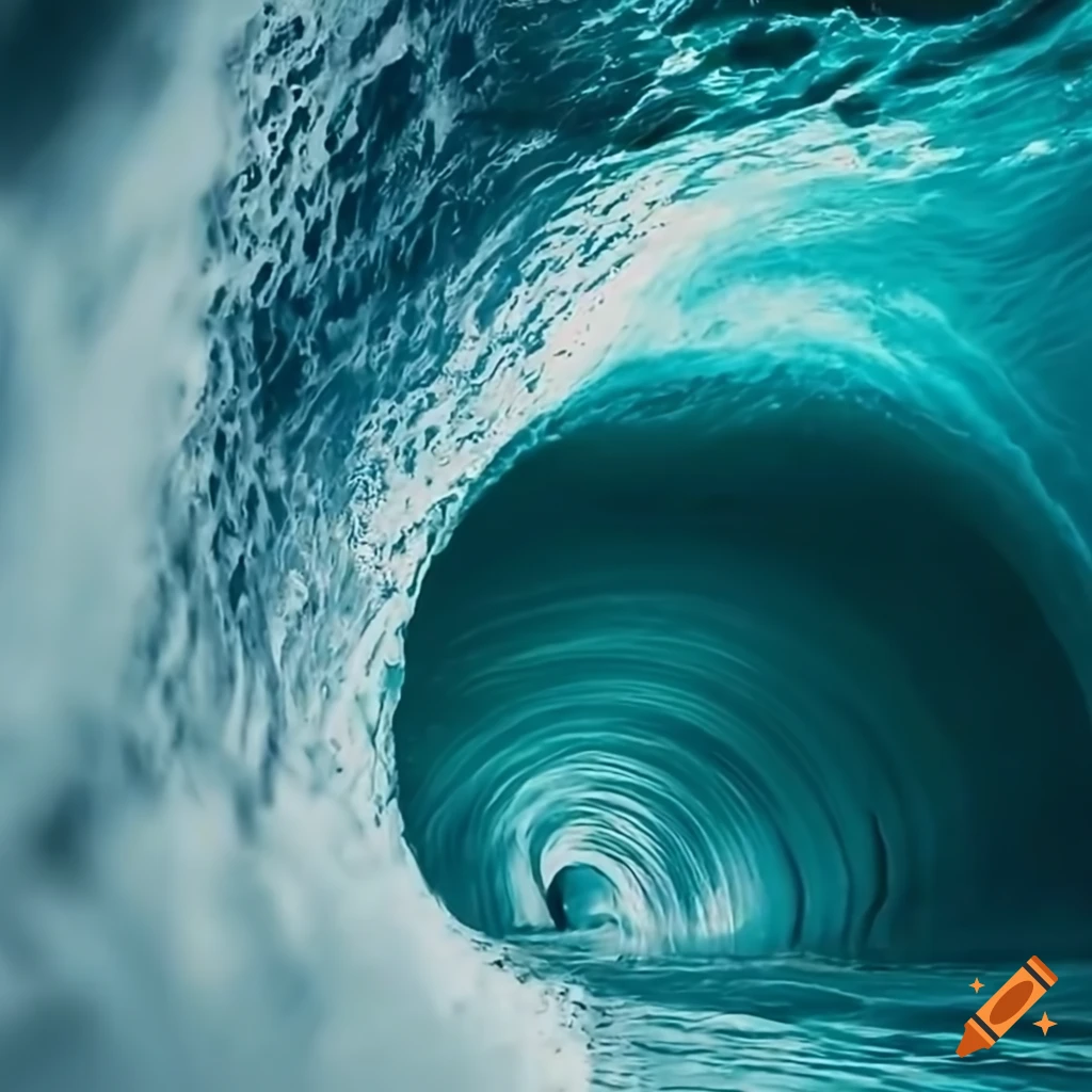 View from inside a wave on the beach, wave tunnel on Craiyon