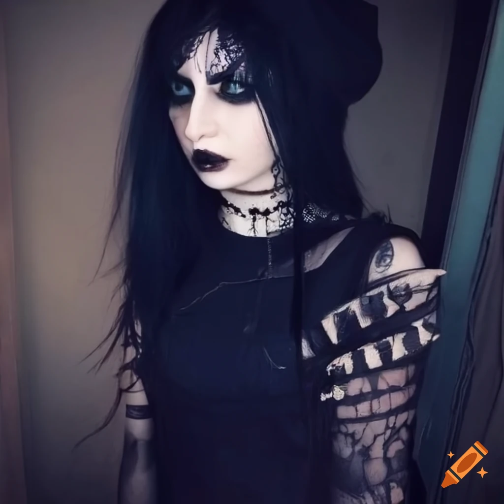 Beautiful pale caucasian goth woman with long black hair and hazel eyes ...