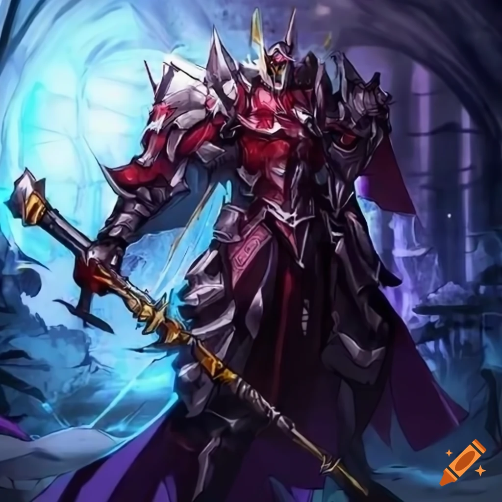 Anime priest knight in heavy armor wielding an axe surrounded by blood ...
