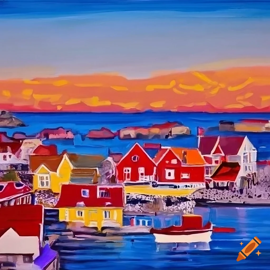 Aerial view of a small seaside town with red and yellow rooftops in ...