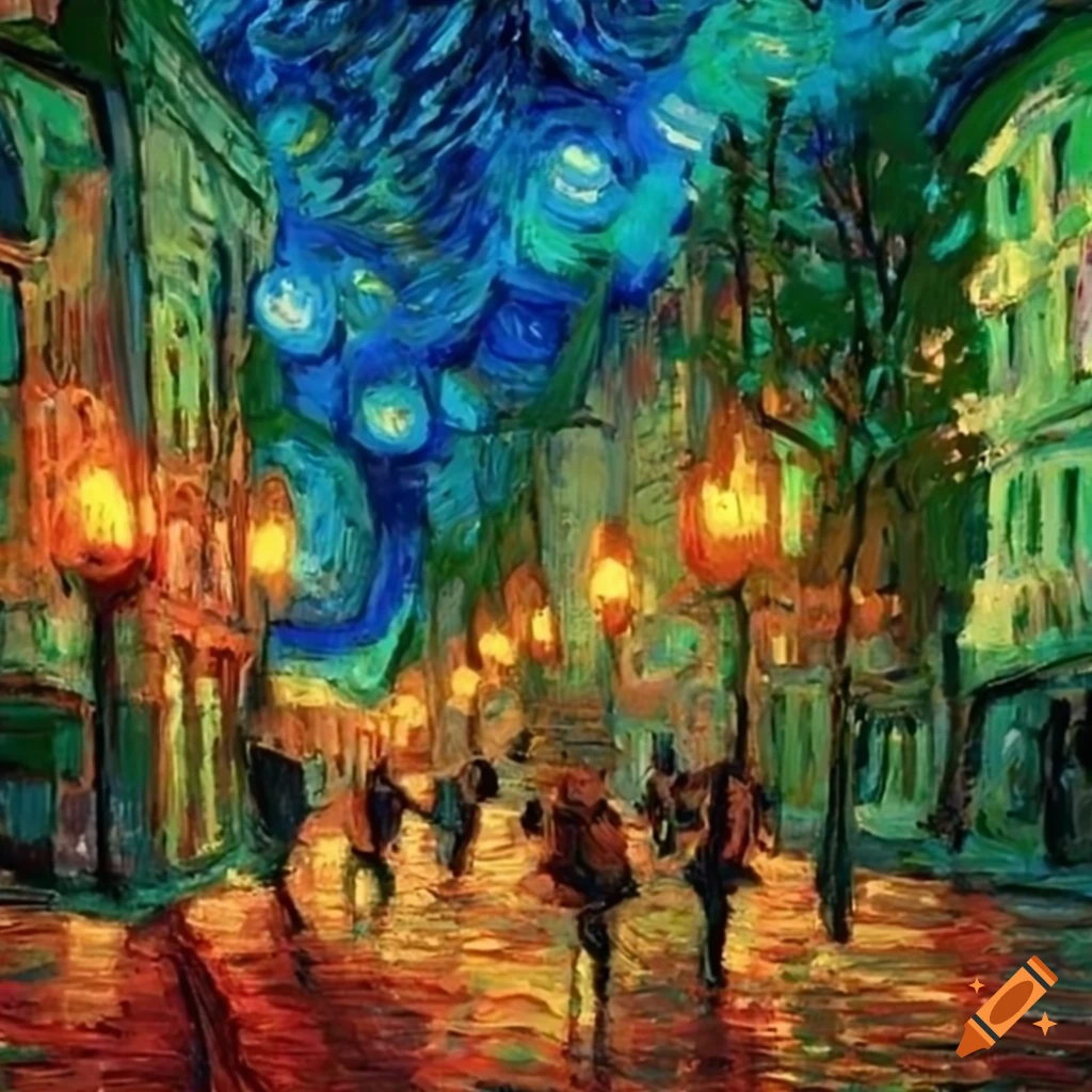 Abstract van gogh-style city square with buildings, people, and cafes ...