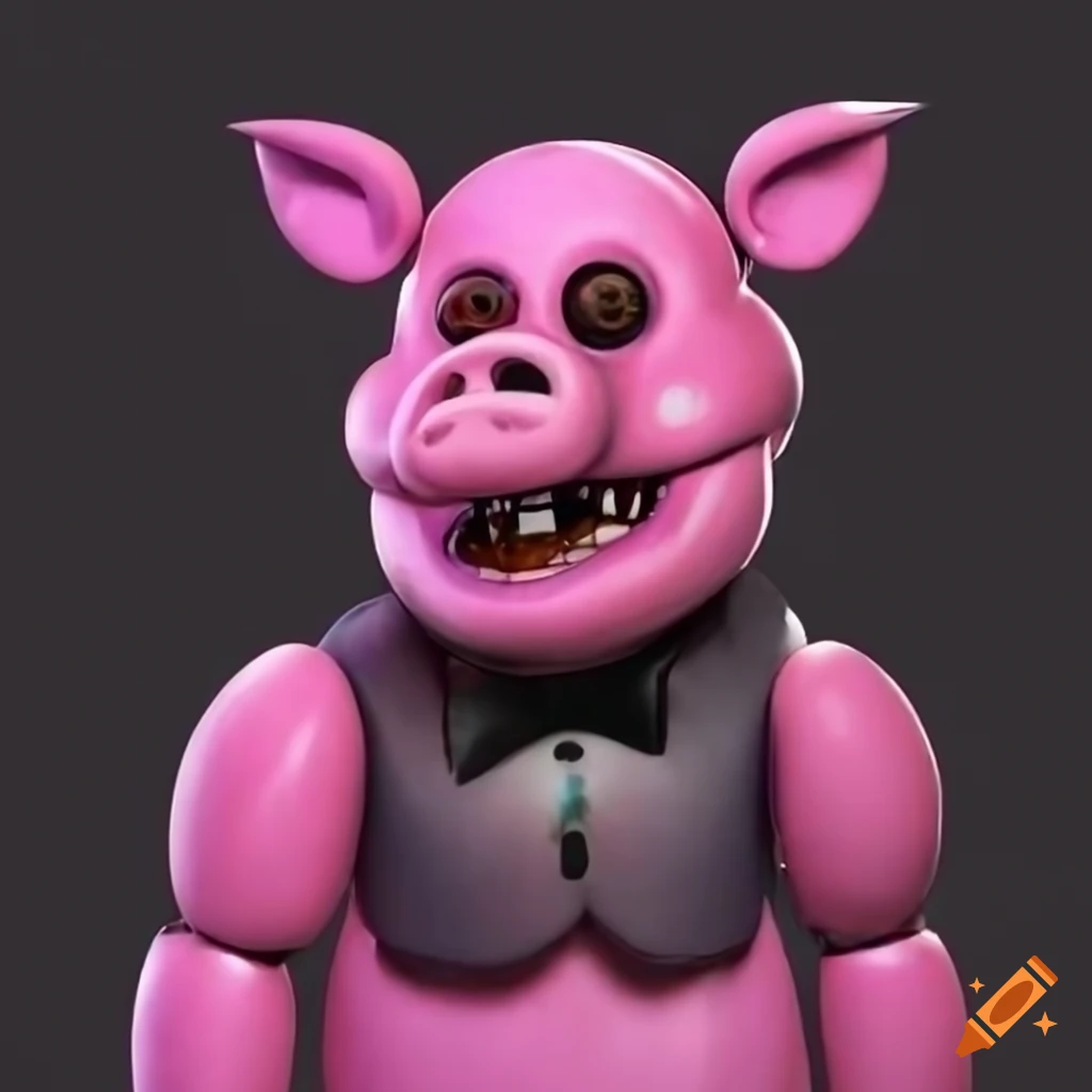 Pink animatronic pig with brown eyes in full body view on Craiyon