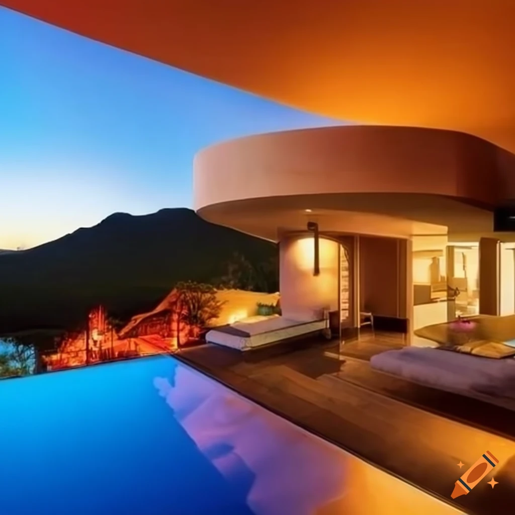 Modern villa with panoramic windows and sunset view on Craiyon