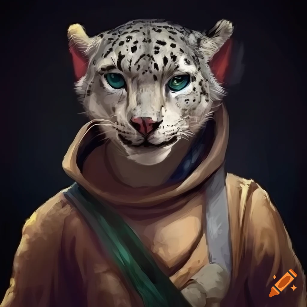 Portrait of a gray snow leopard tabaxi ranger in a fantasy world on Craiyon