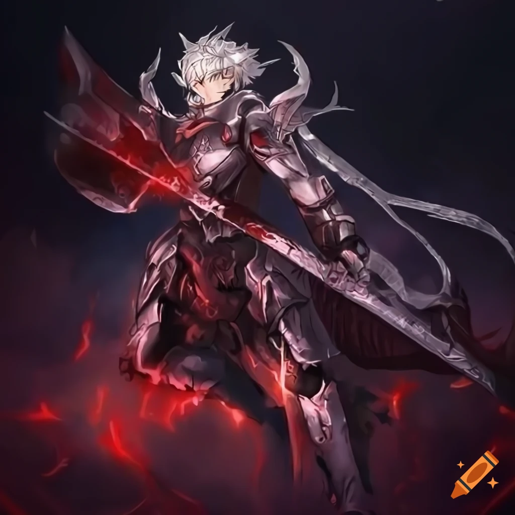Anime man knight in heavy armor holding an axe with blood marks and ...