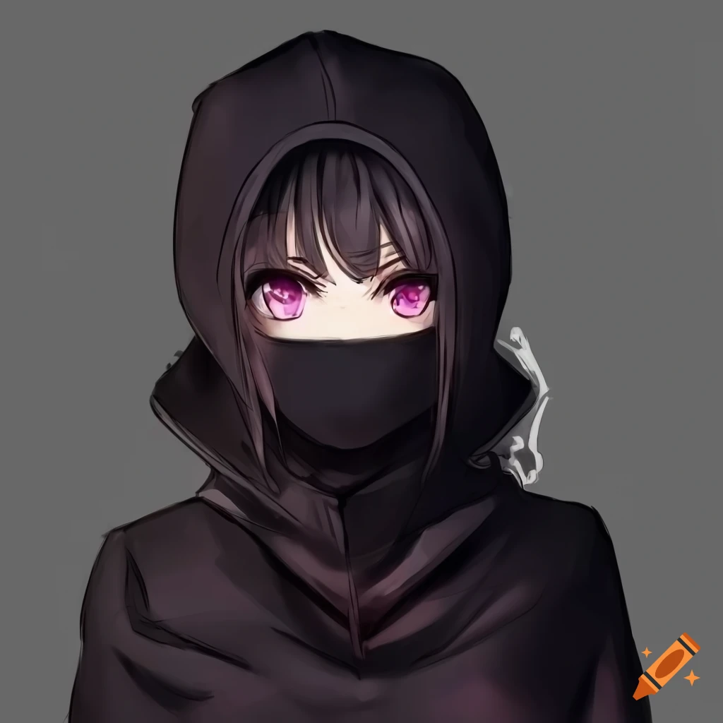 Girl with black hood, hoodie, and balaclava mask in anime style ...