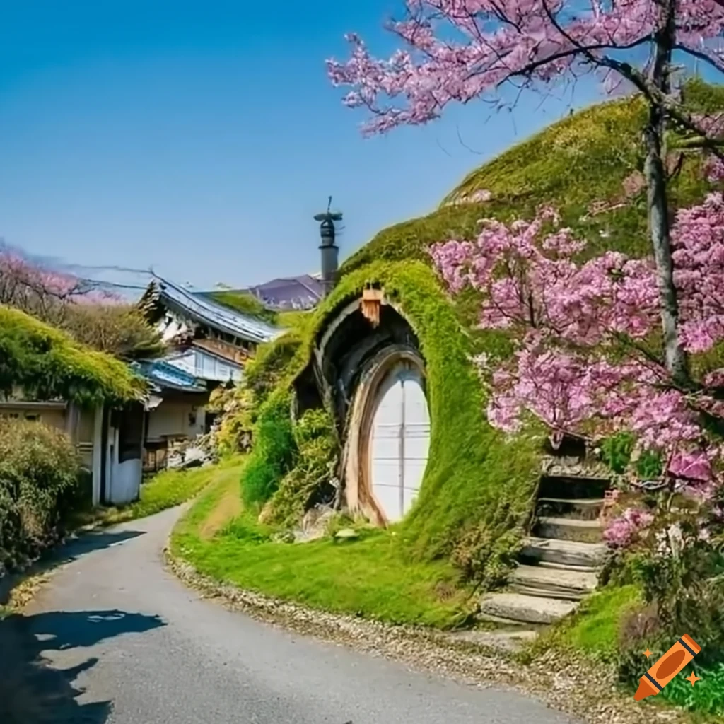 Japan street with mossy hobbit houses and pink spring trees on Craiyon