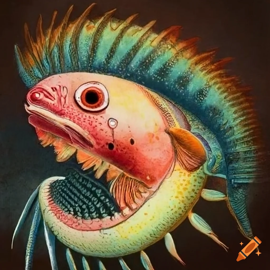 Colorful 19th century biologist illustration of fantasy fish on Craiyon