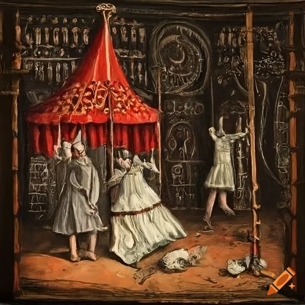 Edward Gorey inspired painting of a medieval circus on Craiyon