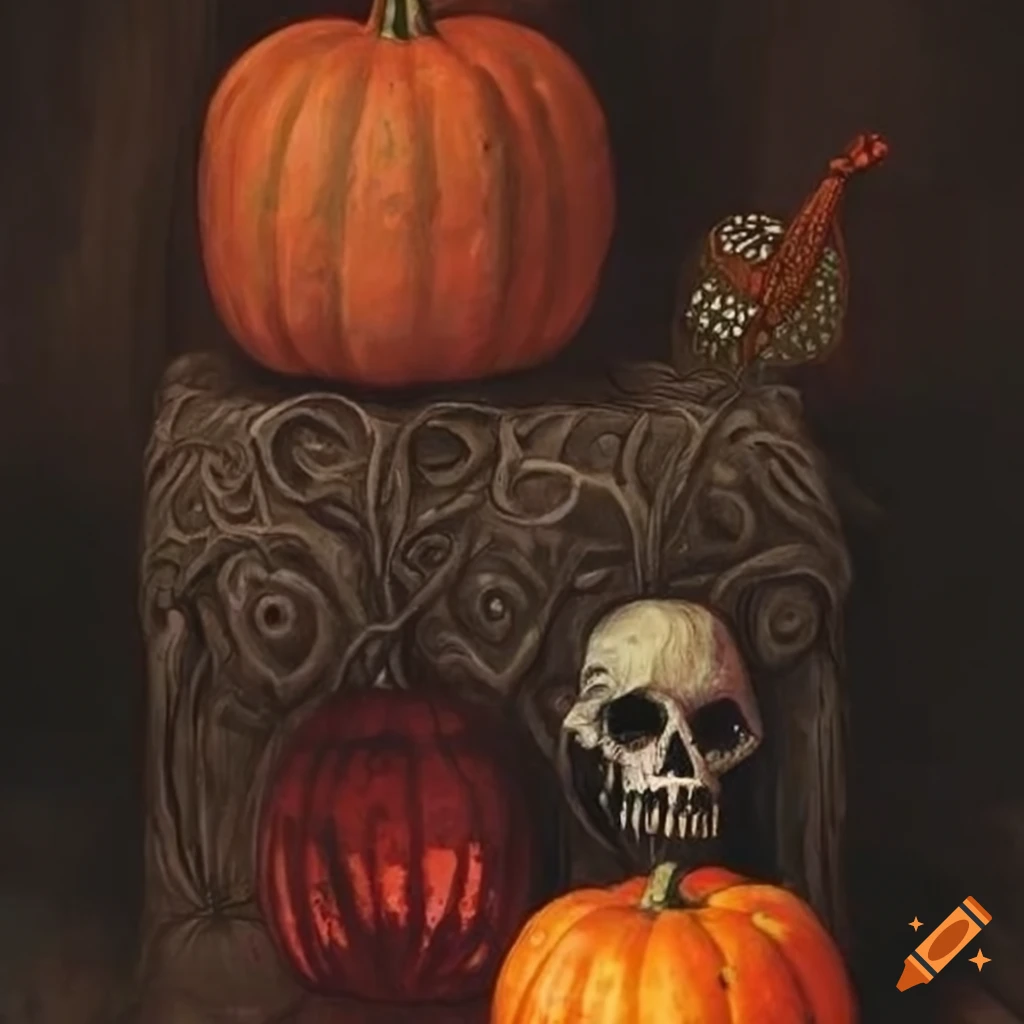 Macabre still life with colorful pumpkins and ghostly lanterns inspired ...