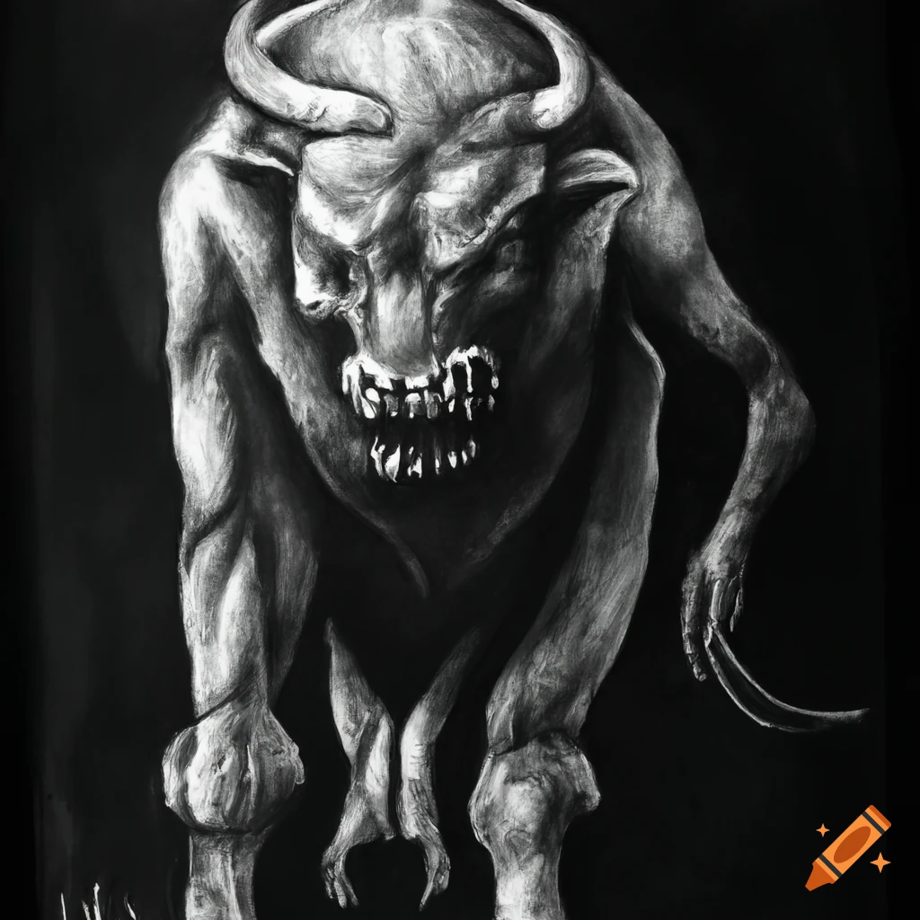 Charcoal drawing of a terrifying human bull beast on Craiyon