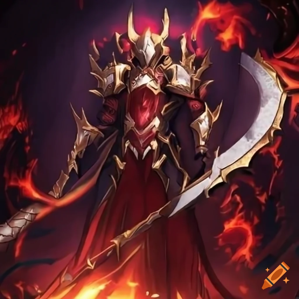 Anime priest knight in heavy armor wielding an axe with blood marks and ...
