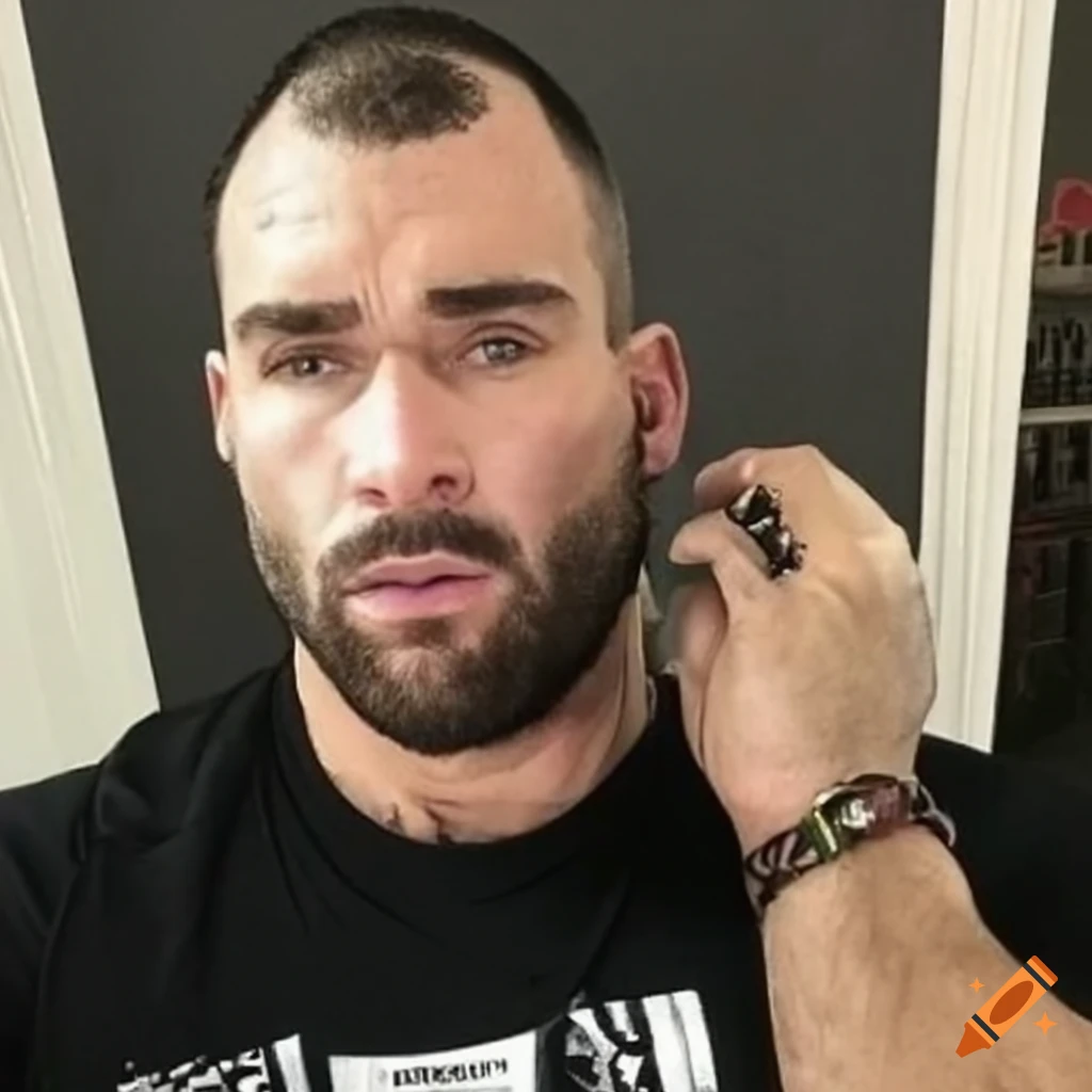 Serious and handsome rugged man with a beard taking a selfie on Craiyon