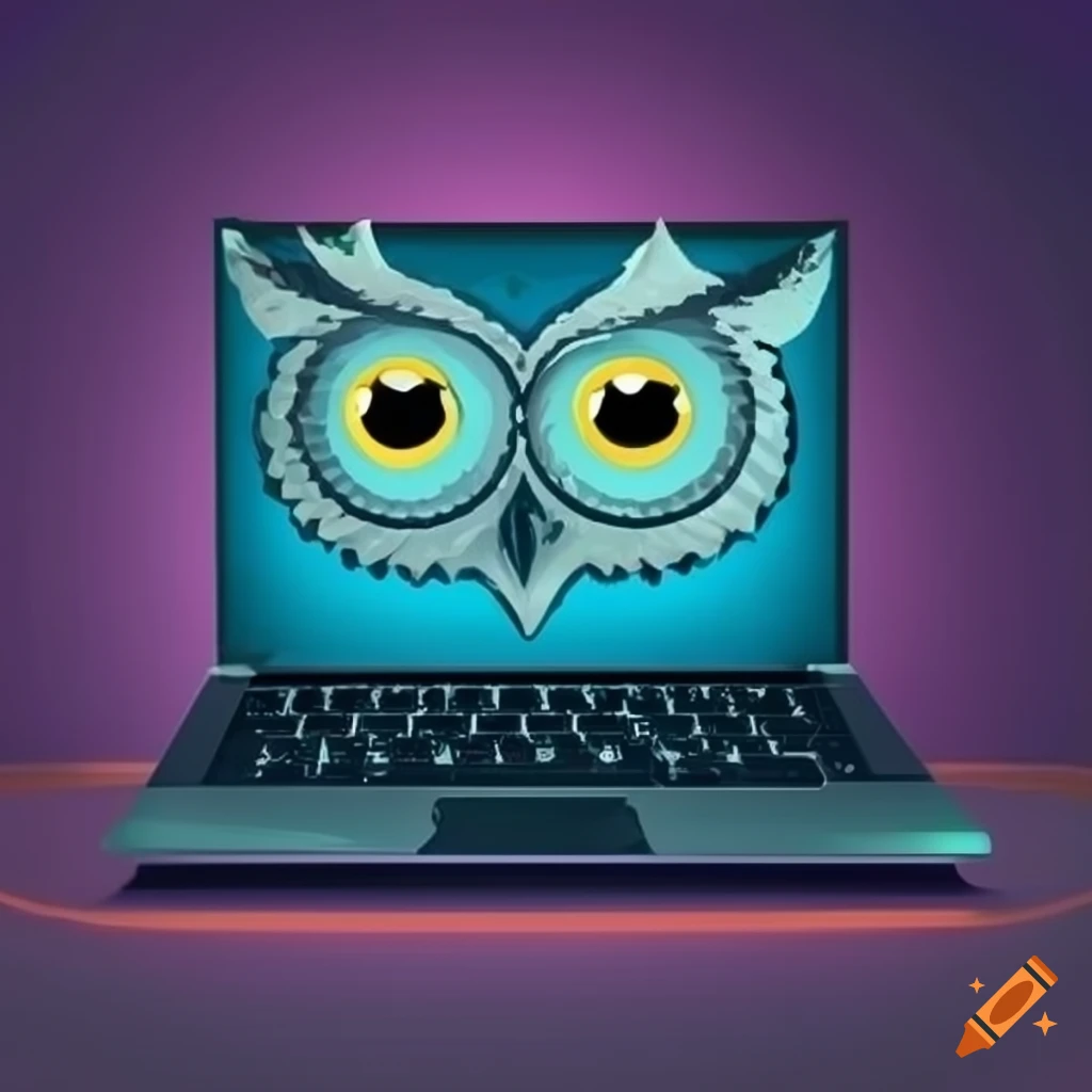 Friendly owl typing on a laptop for logo design on Craiyon