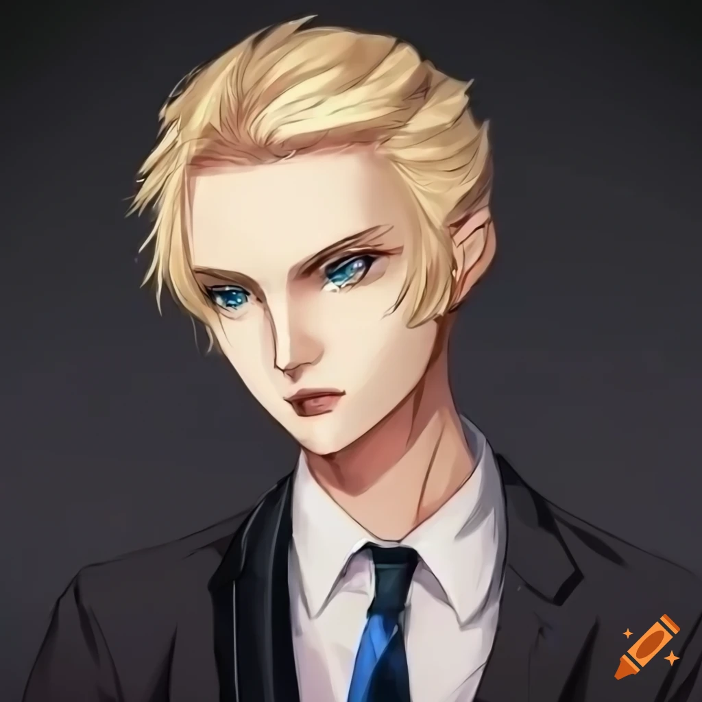 Captivating Androgynous Anime Character With Blue Eyes And Dark Suit On Craiyon