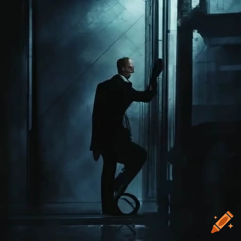 Man in suit with red short hair on platform with iron claws in visual ...