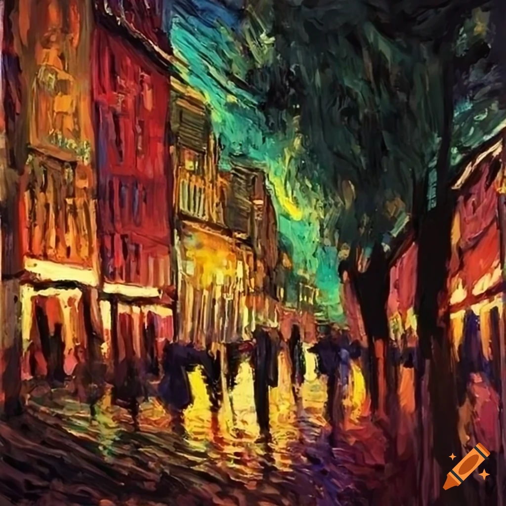 Abstract impressionism of a city square with architecture, people ...