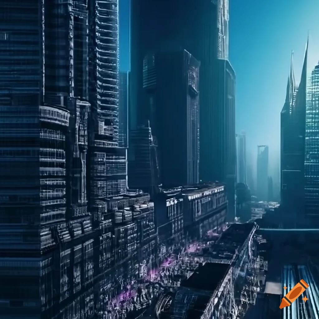 Futuristic Megacity under sunny sky with borg-style buildings on Craiyon