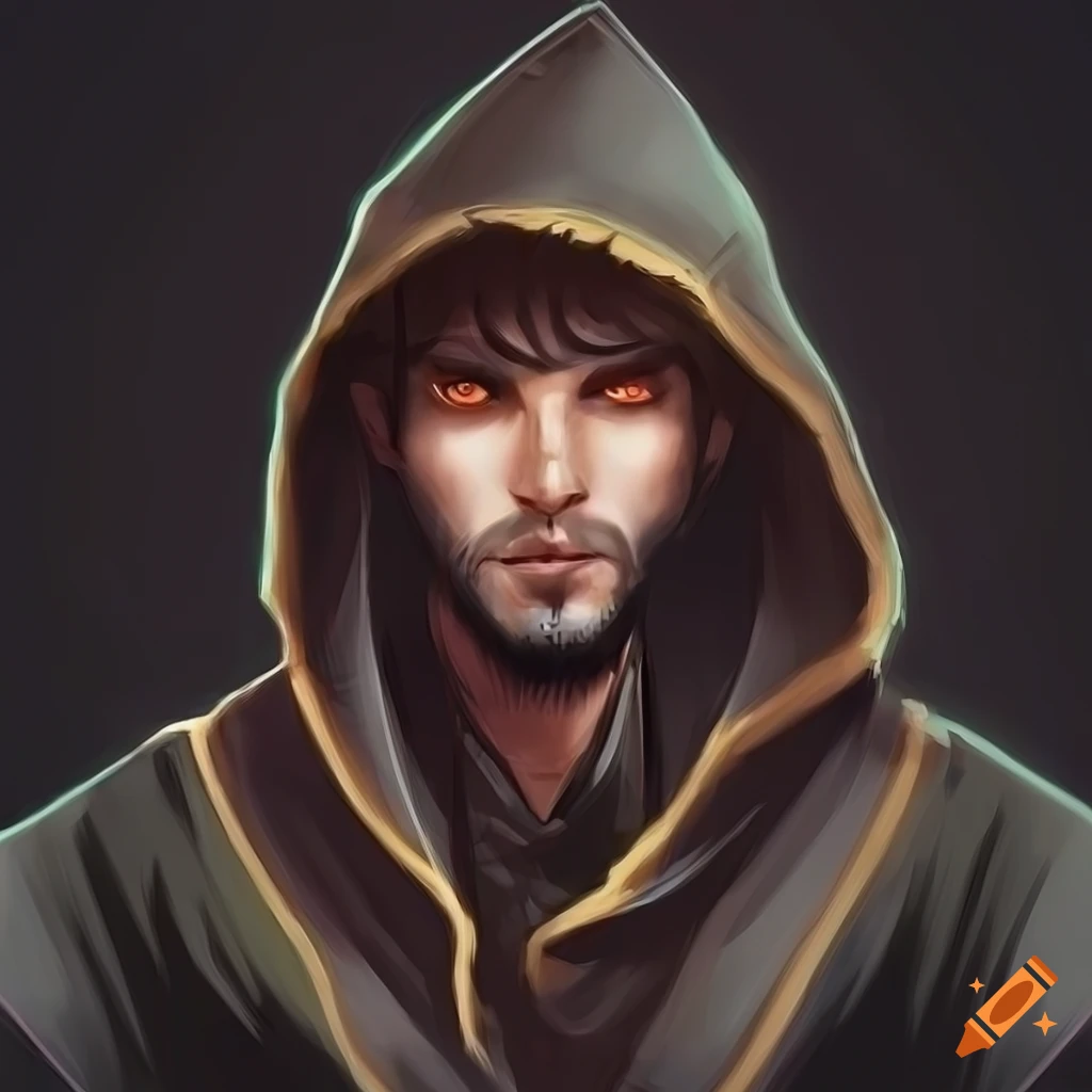 Man from fantasy world with black beard, hooded outfit in digital art on Craiyon