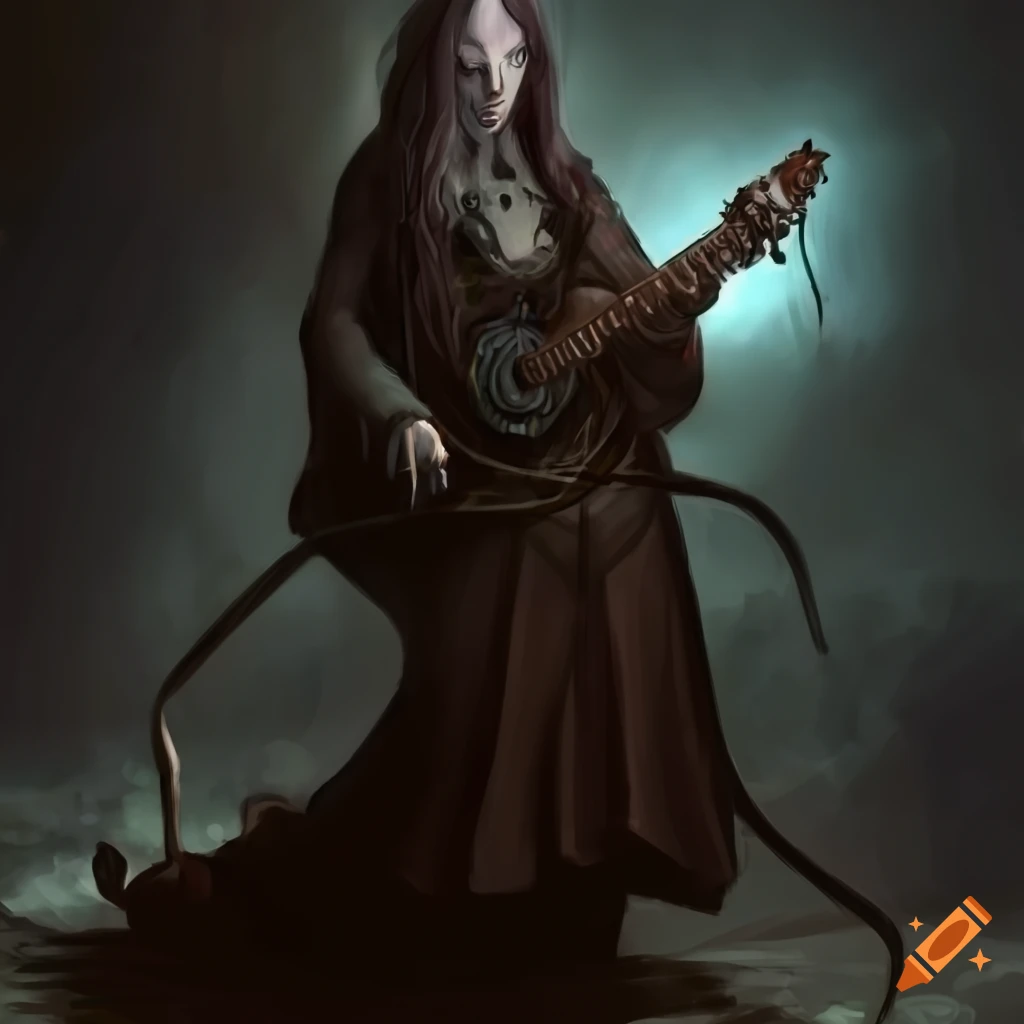 Dark and elegant elven male bard playing a small instrument under dim ...