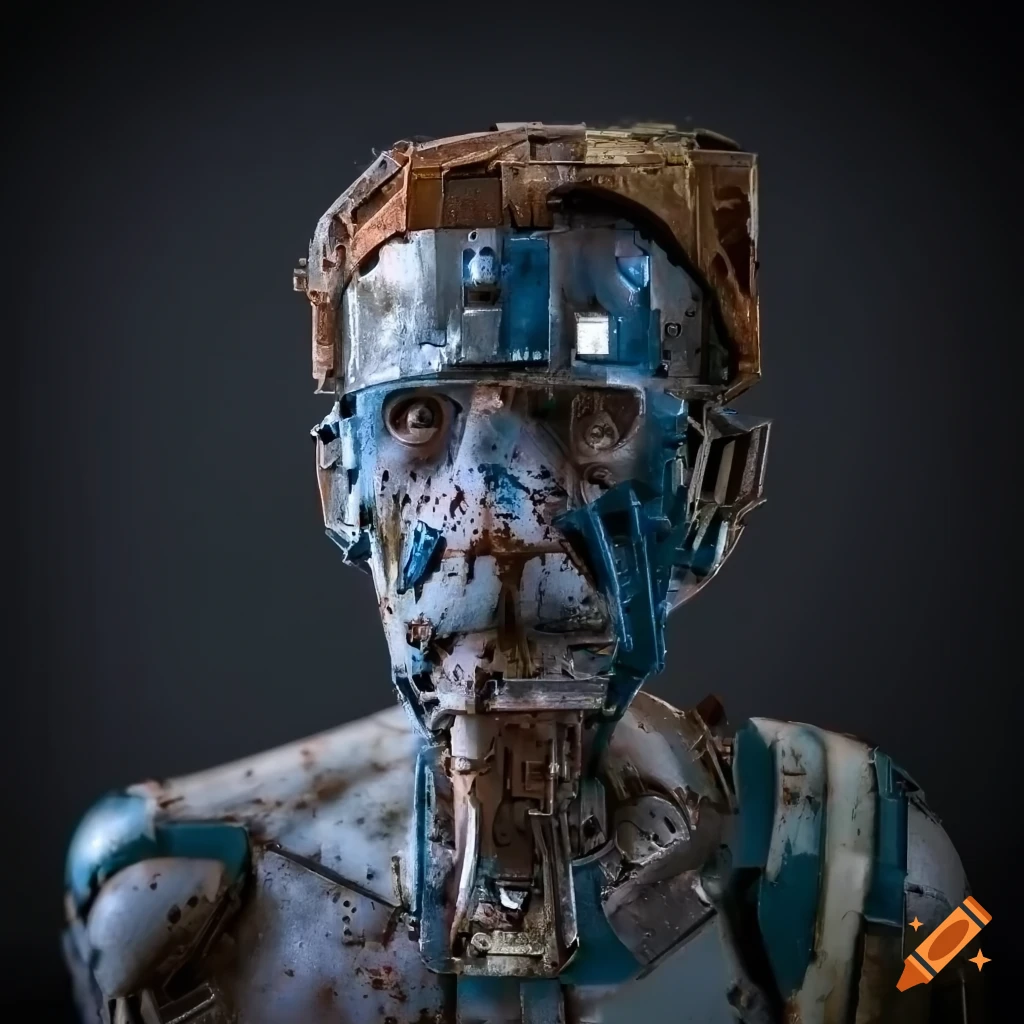 Portrait of a damaged, skinny, elderly cyborg with rusted and colored ...