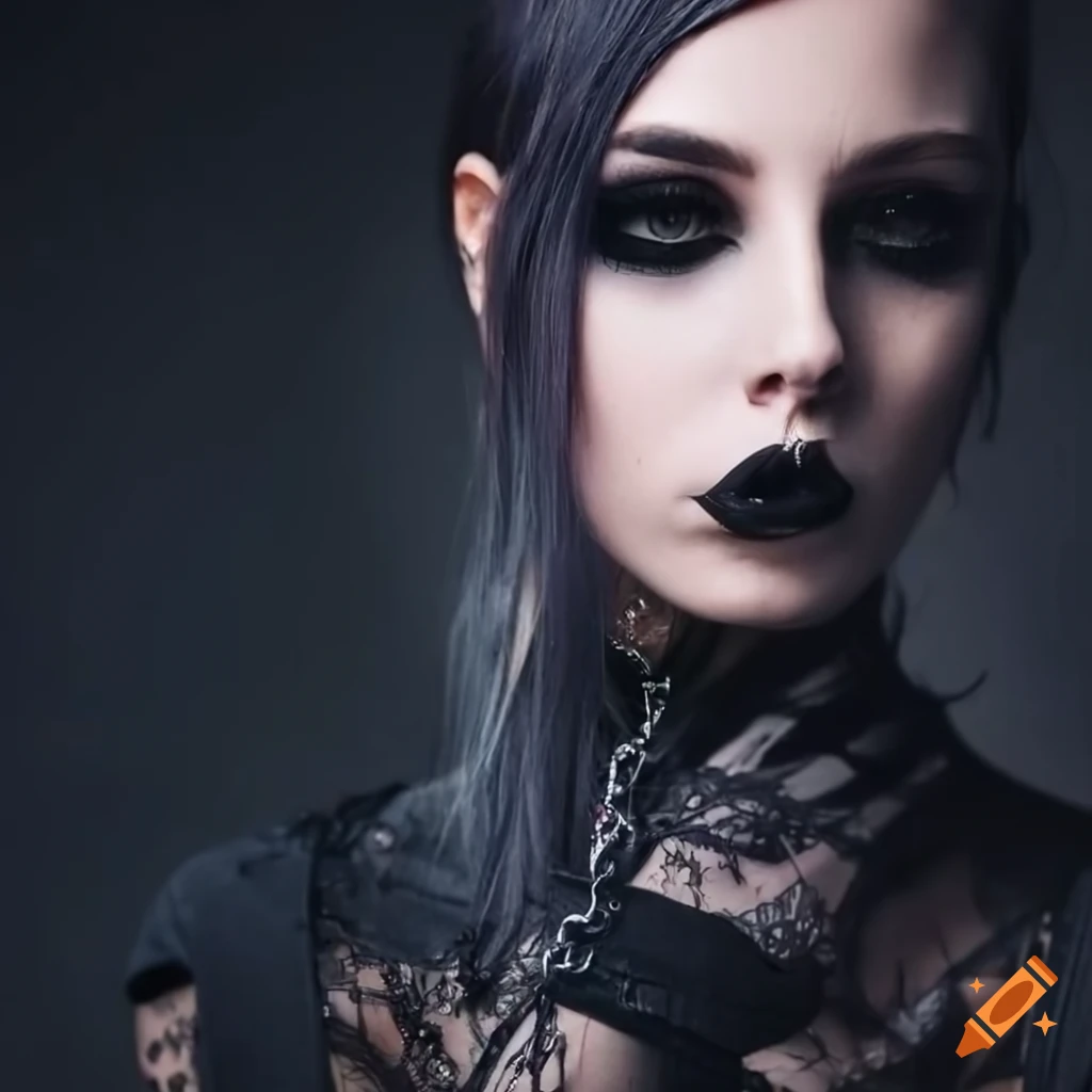 Beautiful caucasian goth woman with black hair and hazel eyes in ...