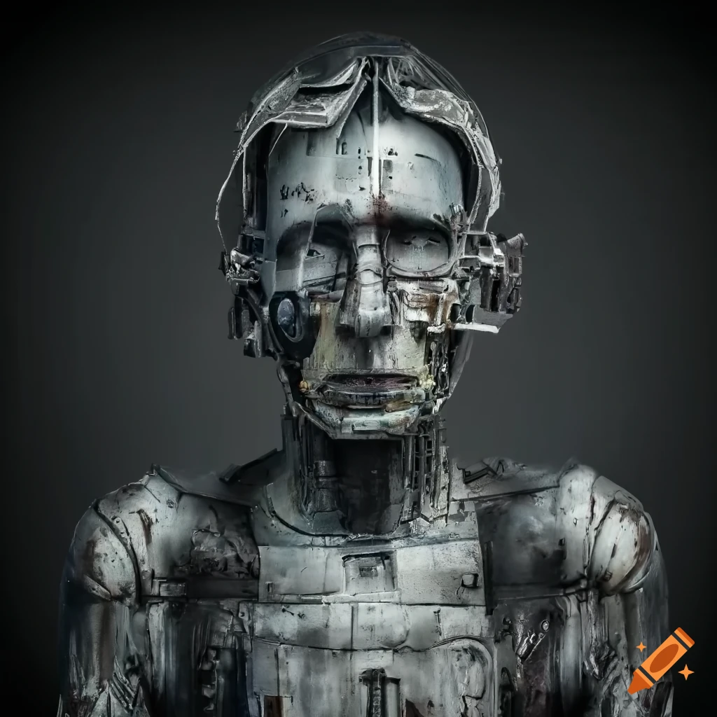 Portrait of a rugged elderly cyborg with rusted and plastic parts on ...