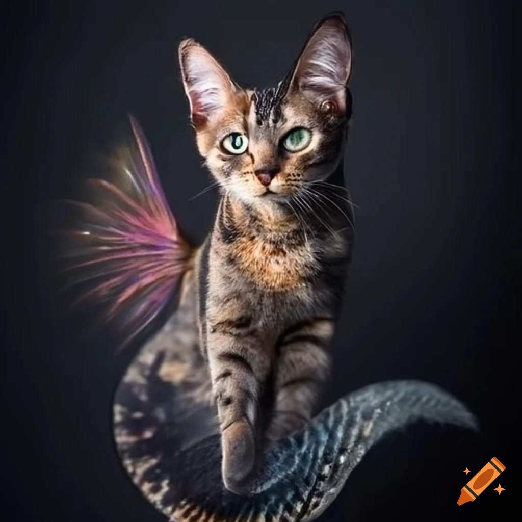 Mermaid hybrid tortoiseshell cat with a fish tail on Craiyon