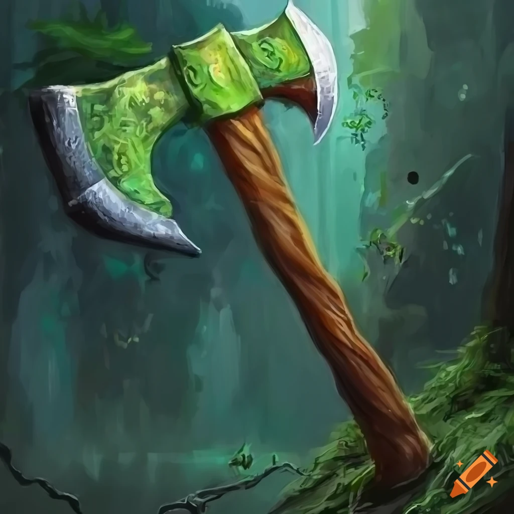 Fantasy green axe in an oil painting style on Craiyon