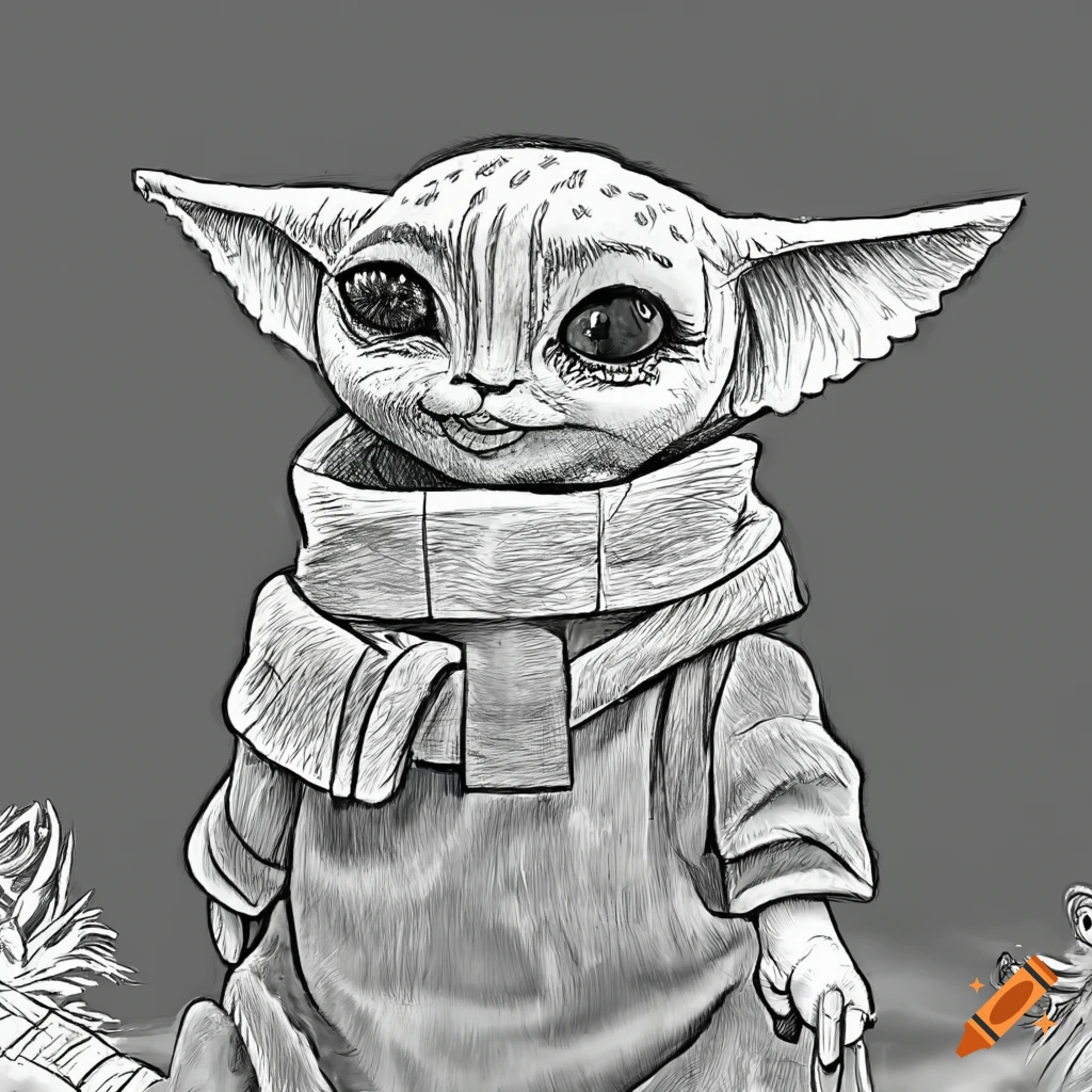 Grogu riding a kitten in a black and white line drawing on Craiyon