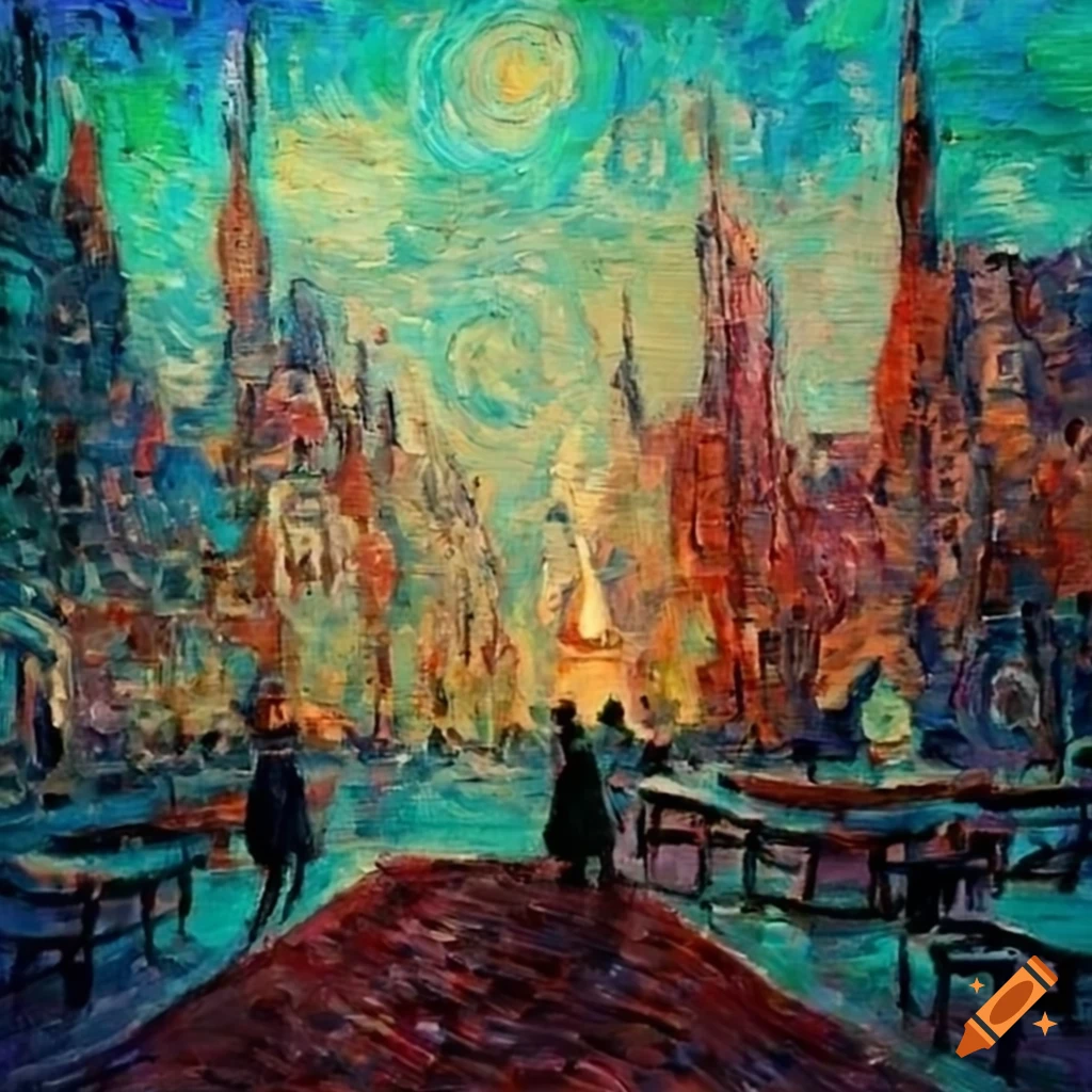 Abstract van gogh-style city square with architecture, streets, people ...