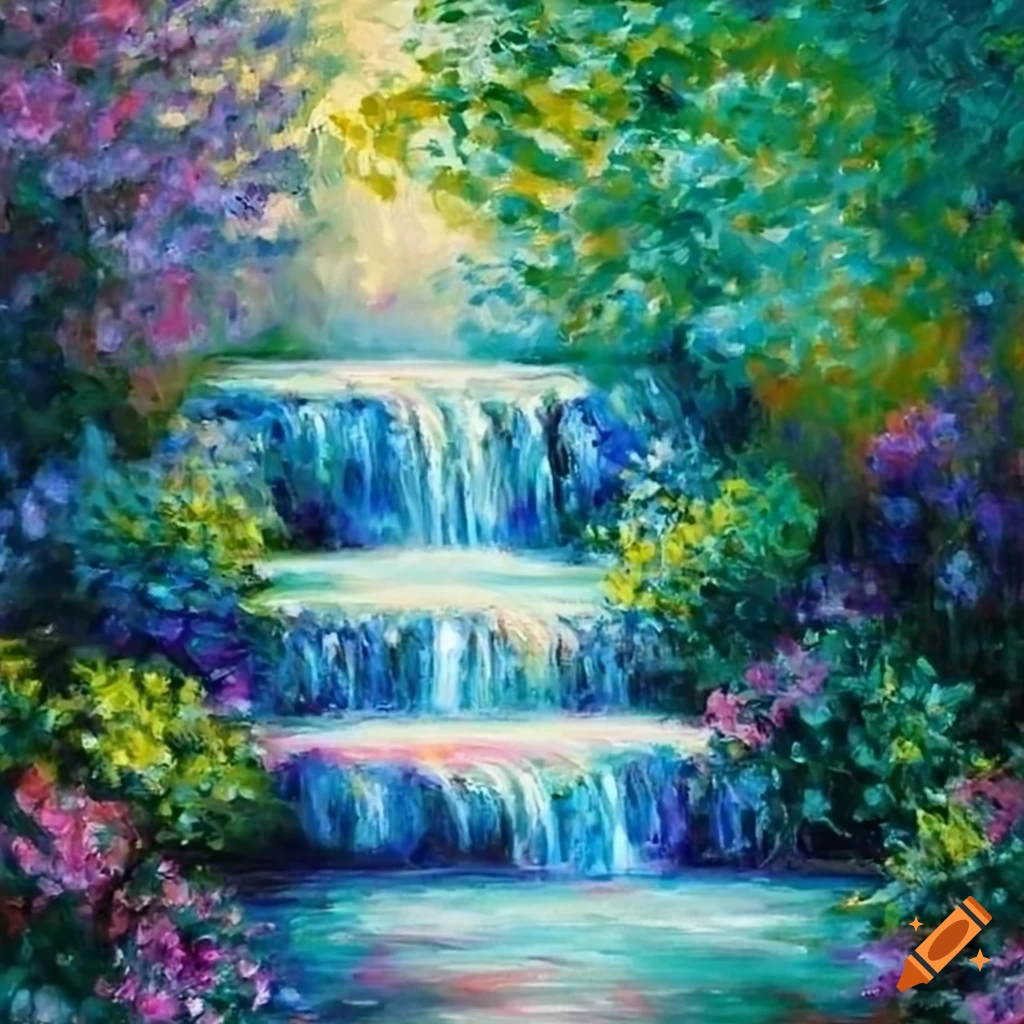 Sparkling waterfall in a garden with victorian influence in pastel ...