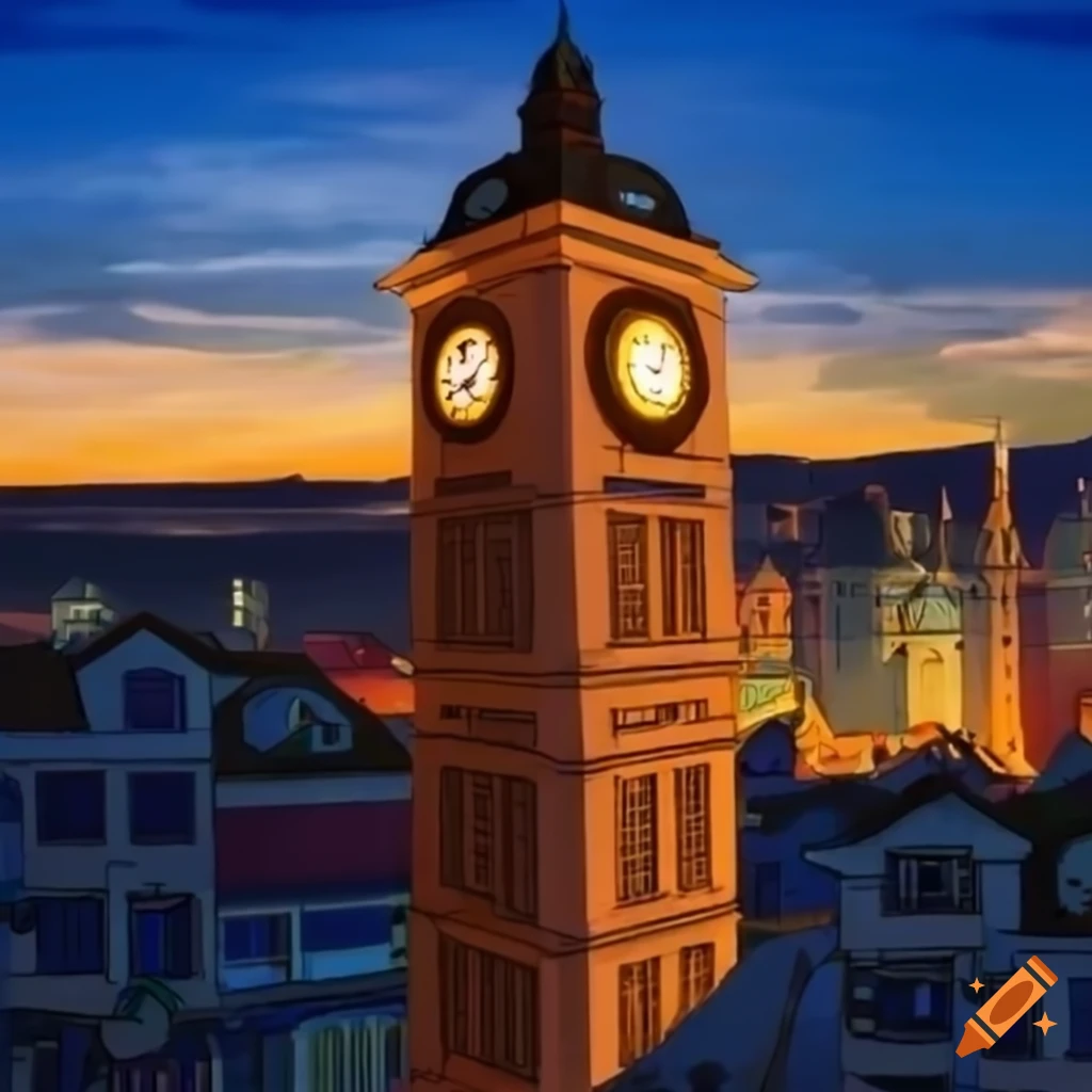 Anime clock tower in a colorful town at sunset on Craiyon