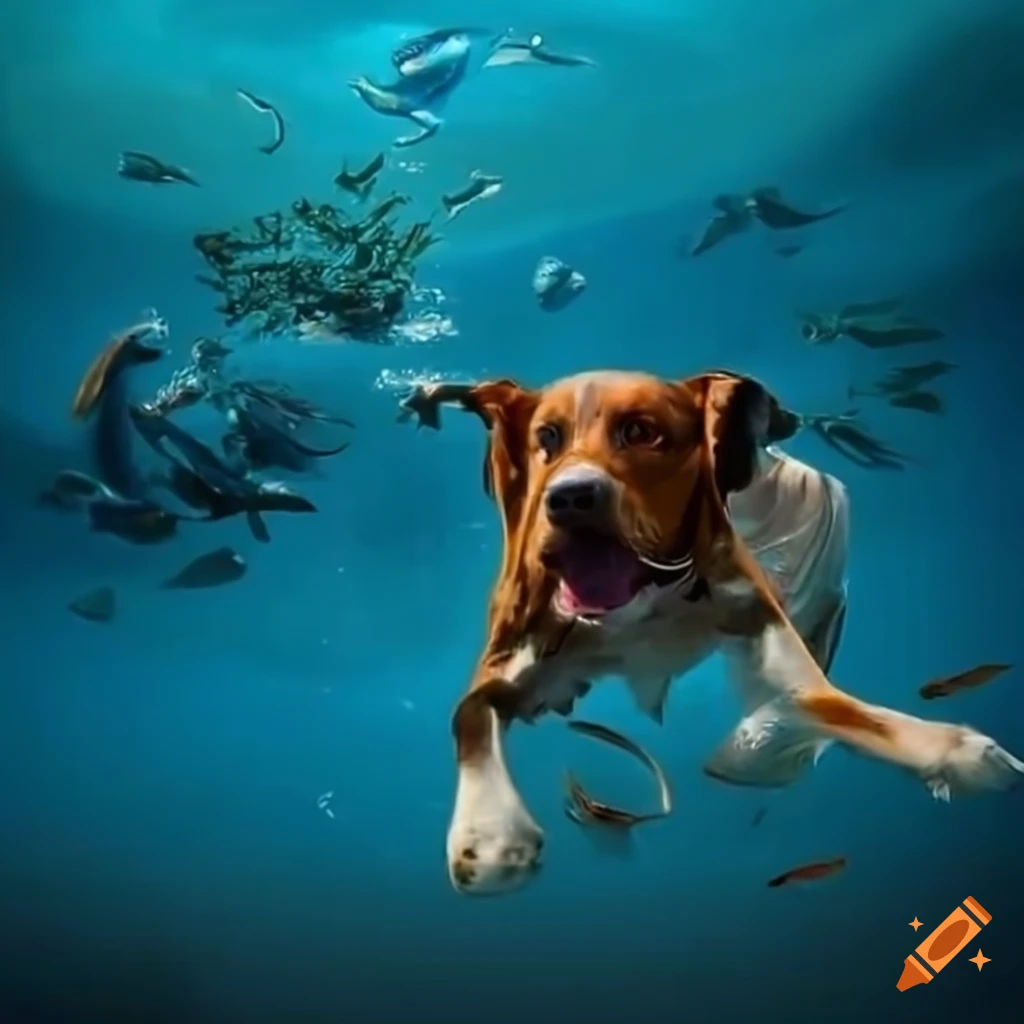 Dog flying over a sea of fish with fish trying to bring it down on Craiyon