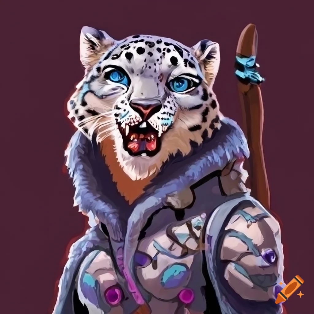 Snow leopard Tabaxi ranger with silver eyes in Lisa Frank style on Craiyon