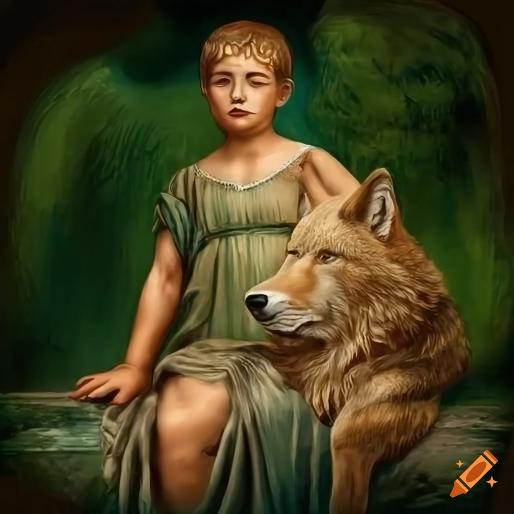 Romulus and remus infants with a she-wolf in lush tiber river ...