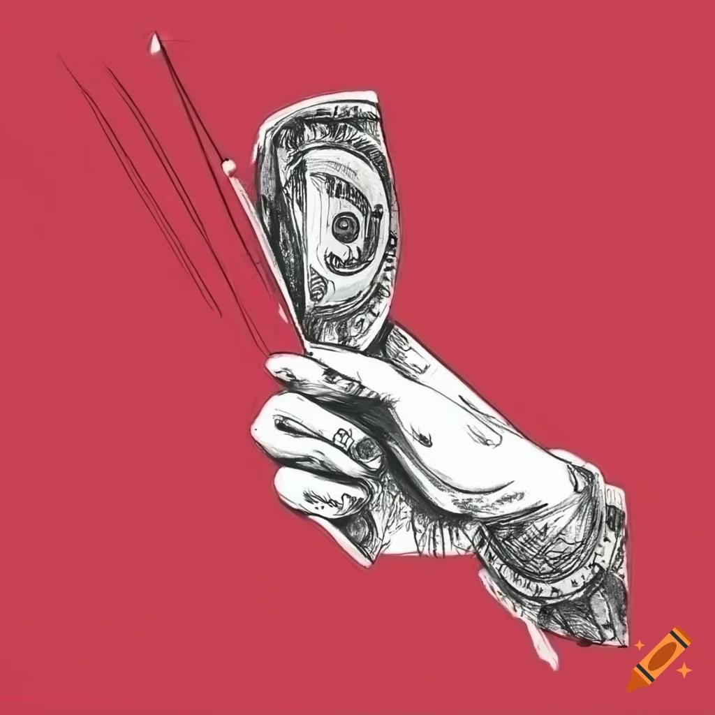 Pencil drawing of an arm on a dollar bill in a unique red style on Craiyon