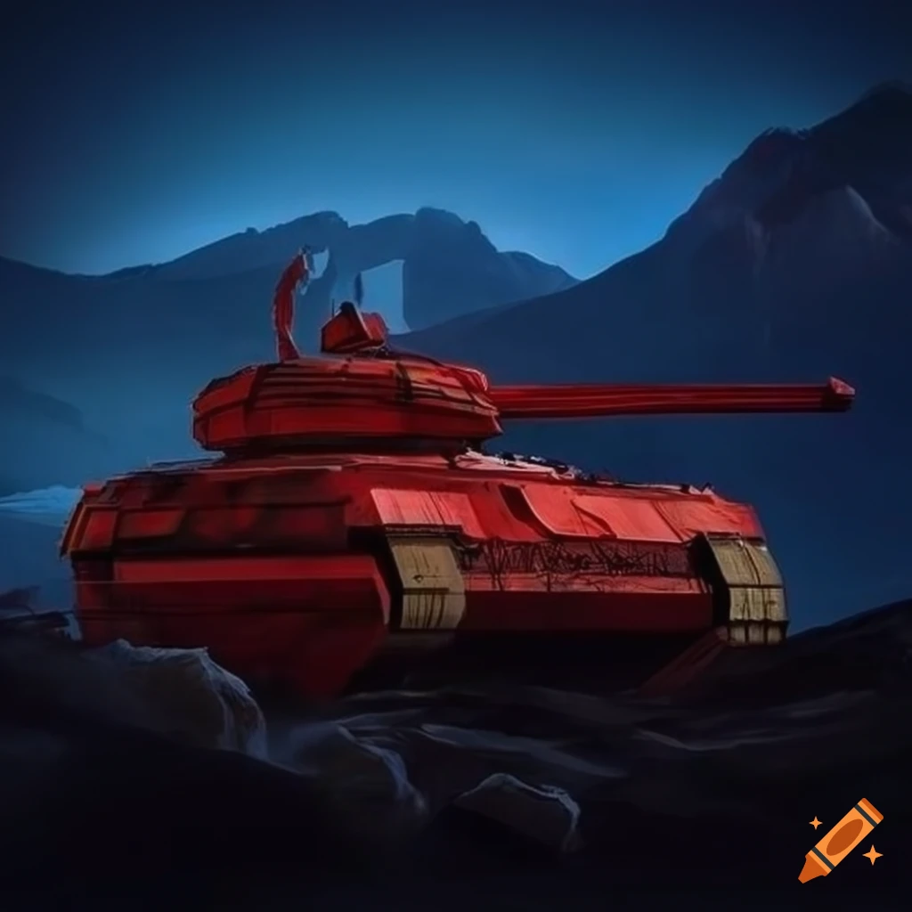 Super futuristic red tank in a mountainous landscape at night on Craiyon