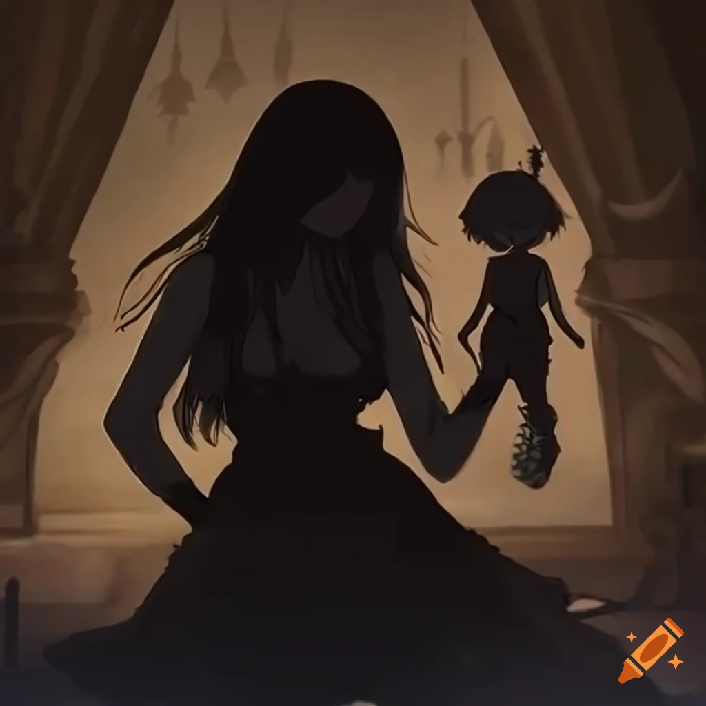 Apocalyptic anime scene with goth woman holding a doll in a manor on ...
