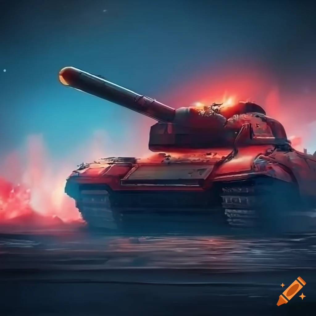 Futuristic red tank with flames in a mountainous night landscape on Craiyon