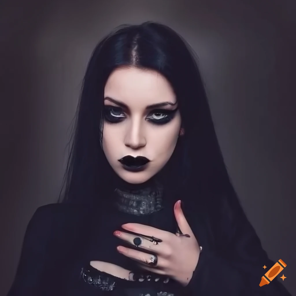 Beautiful caucasian goth woman with black hair and hazel eyes in ...