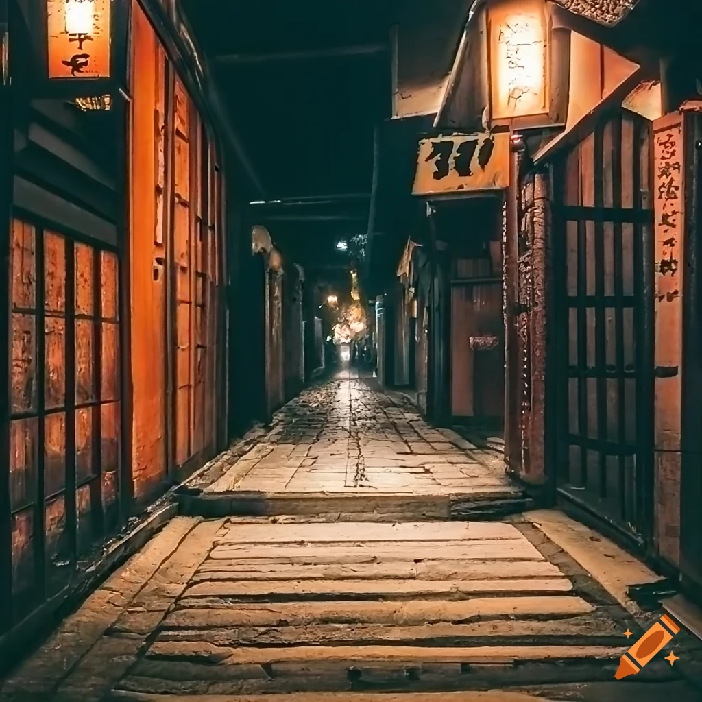 Oriental Japanese alley with zen rocks, light reflections, and shadows ...