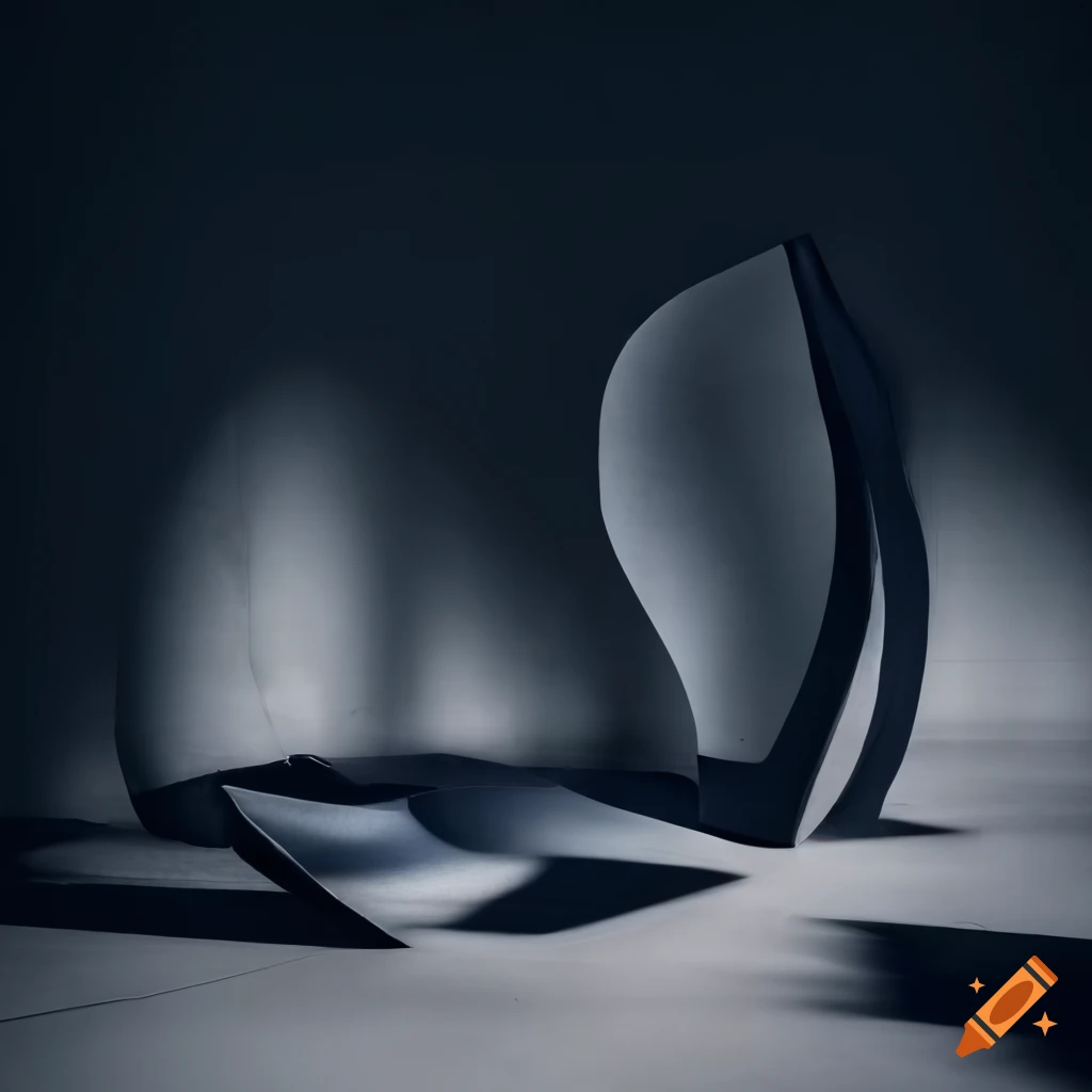 Two unique asymmetrical ceramic objects on a table in a dark hotel room ...