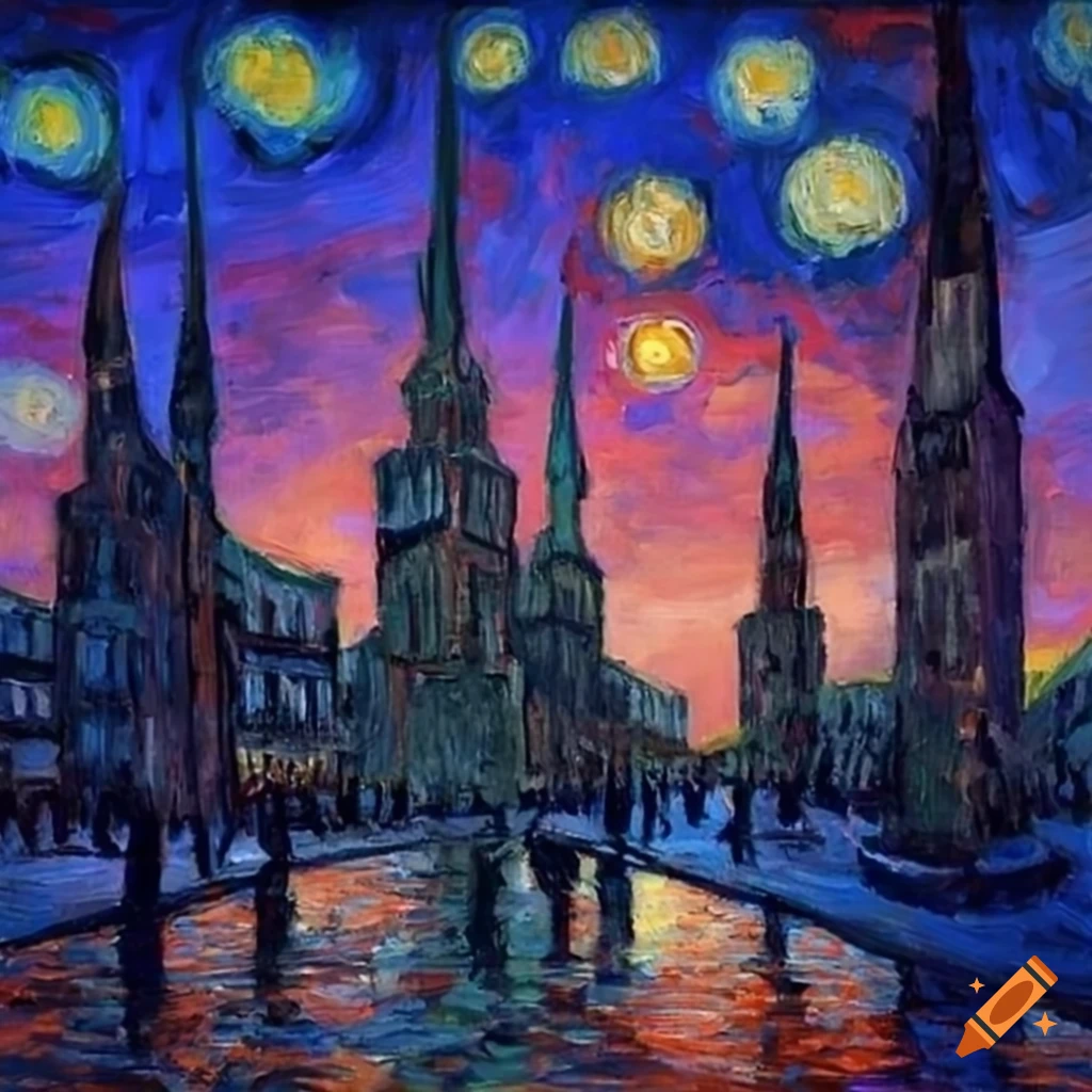 Abstract city square van gogh style with architecture, streets, and ...