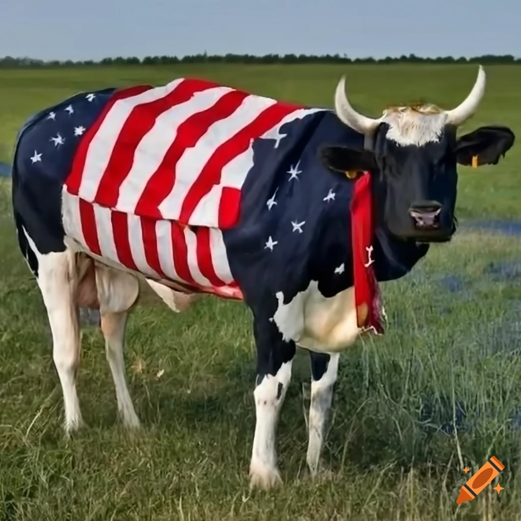 Cows decorated with stars and stripes grazing in a patriotic pasture on ...