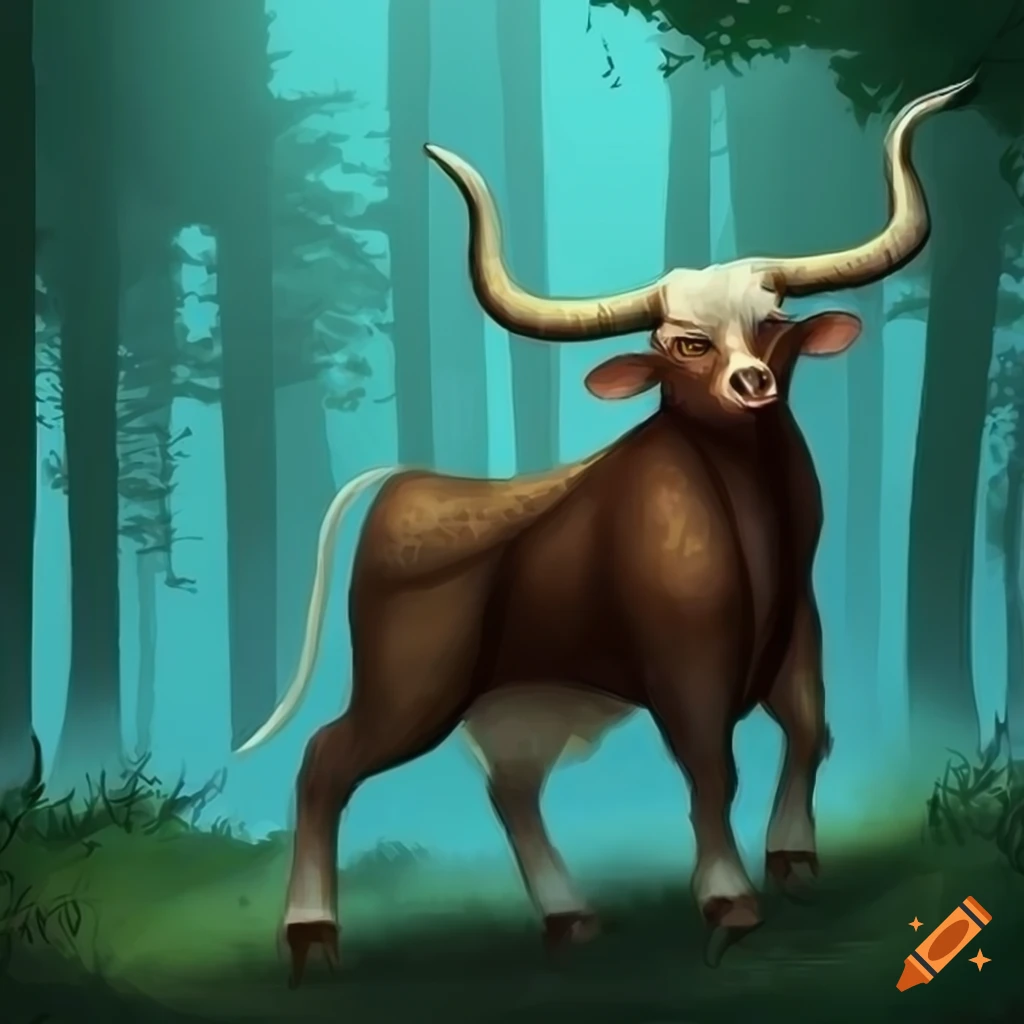 Ox with bow-shaped horns walking through a forest in fantasy art style ...